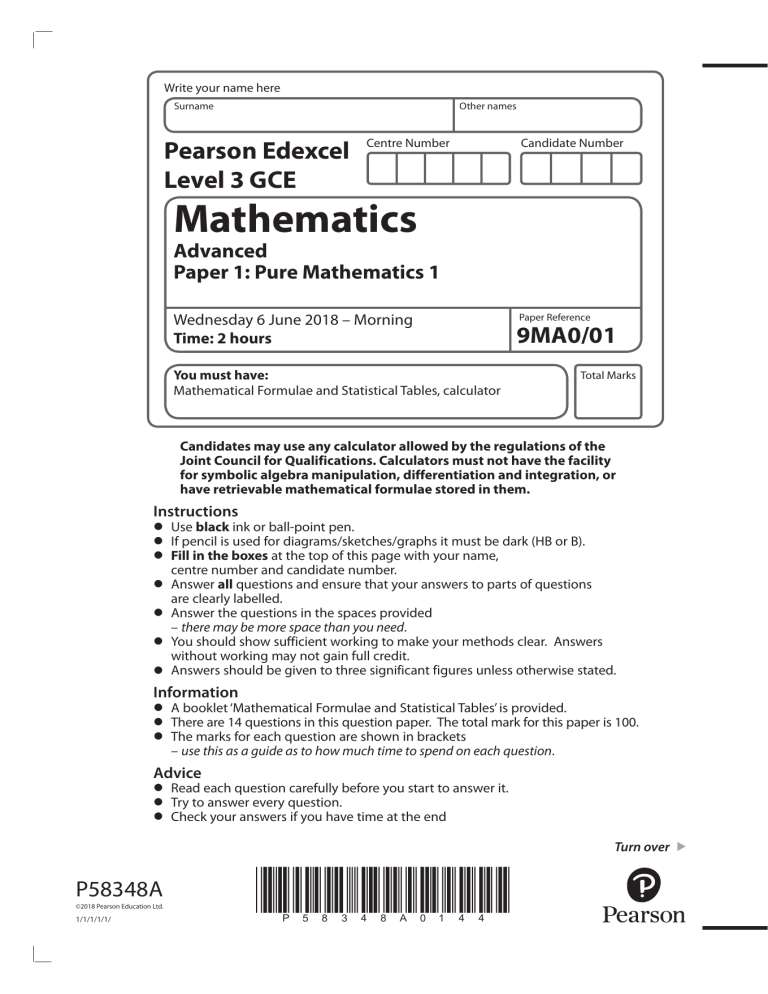Edexcel A-Level Pure Mathematics 1 Exam Paper (2018)