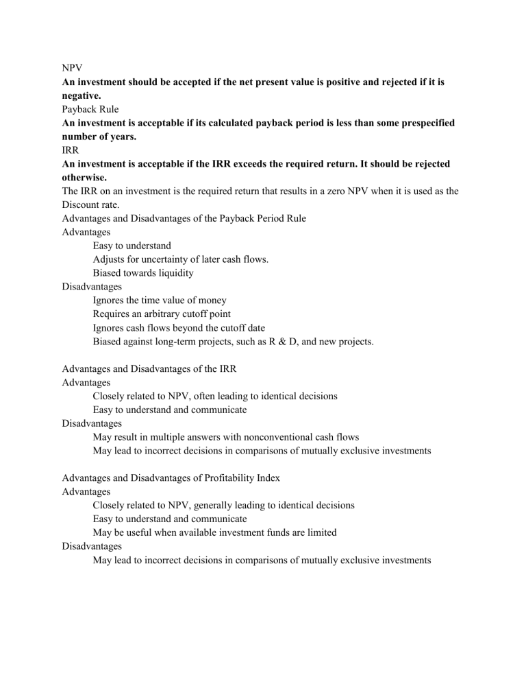 NPV, Payback, IRR: Investment Decision Rules Summary