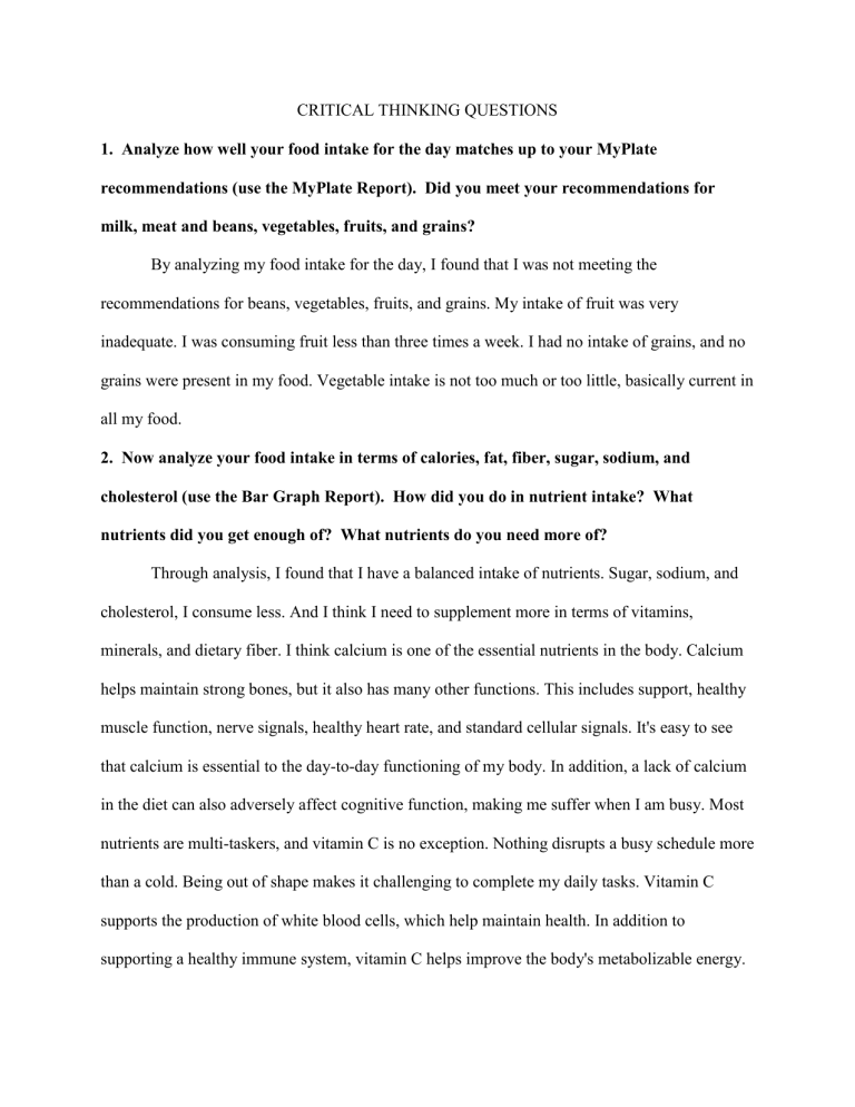 Diet Analysis & Improvement Plan | Nutrition Essay