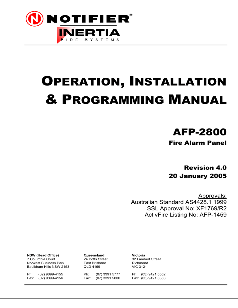 AFP-2800 Fire Alarm Panel: Operation, Installation & Programming