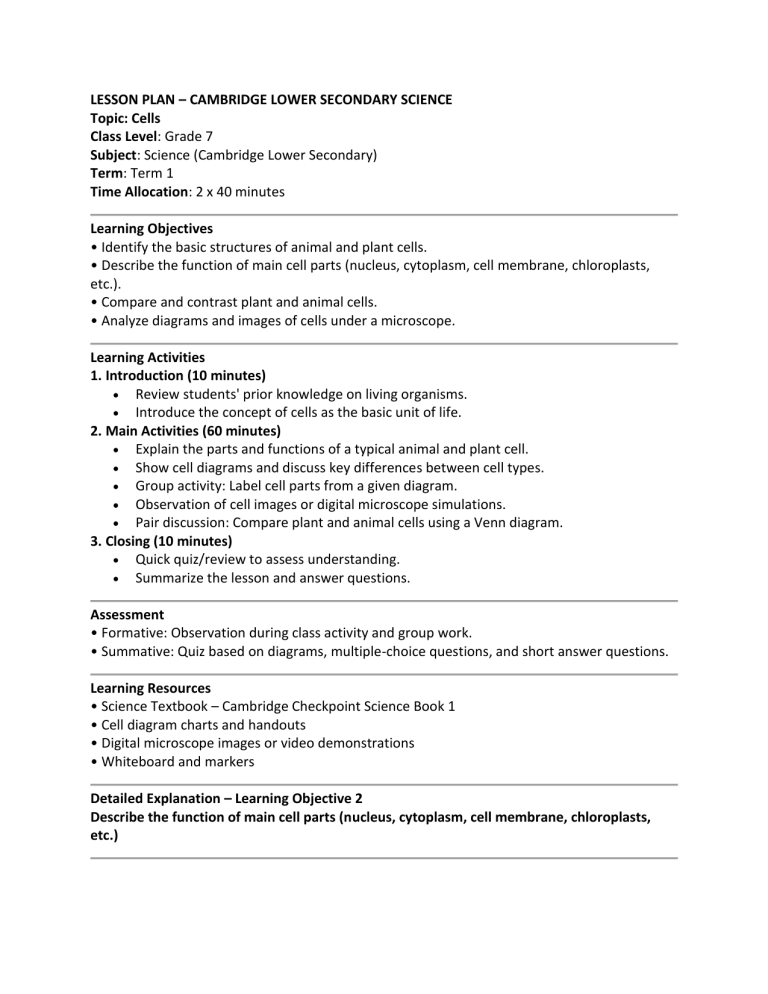 Grade 7 Science Lesson Plan: Cells