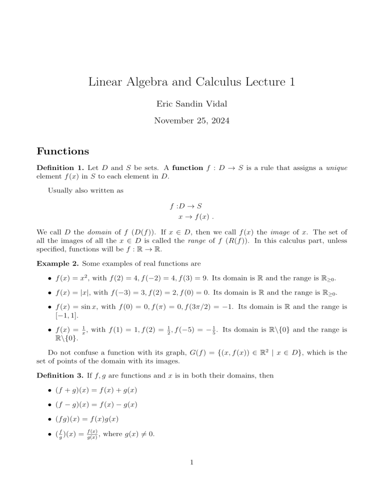 Linear Algebra and Calculus Lecture 1: Functions and Limits