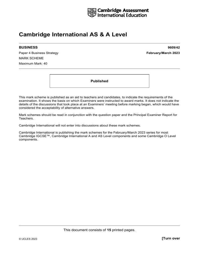 Cambridge AS & A Level Business 9609/42 Mark Scheme Feb/Mar 2023