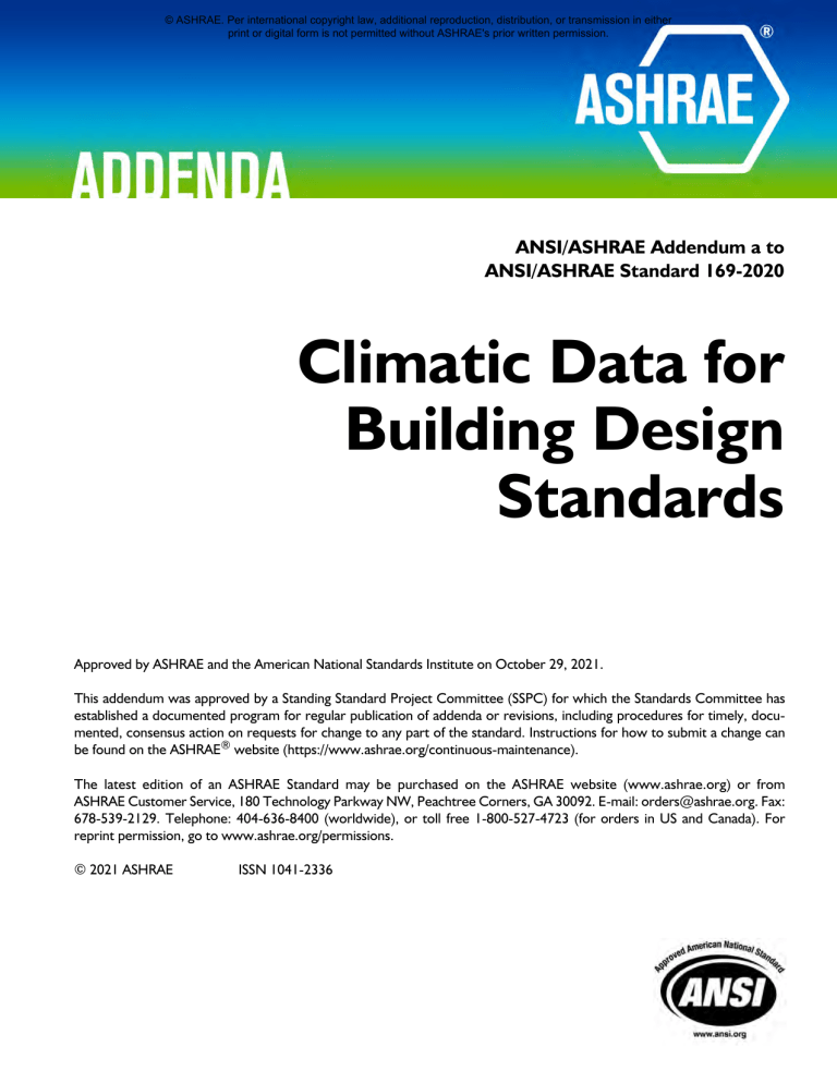 ANSI ASHRAE Standard 169-2020 Climatic Data for Building Design Standards