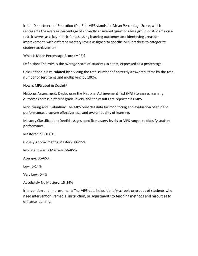 DepEd Mean Percentage Score (MPS): Definition, Calculation & Mastery Levels