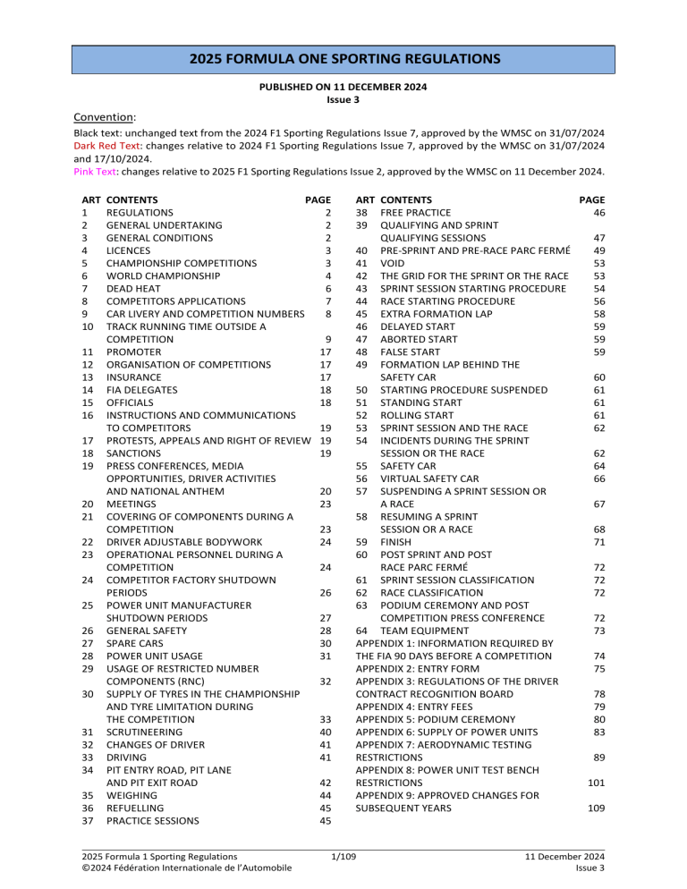 2025 Formula One Sporting Regulations - FIA F1 Rules & Procedures