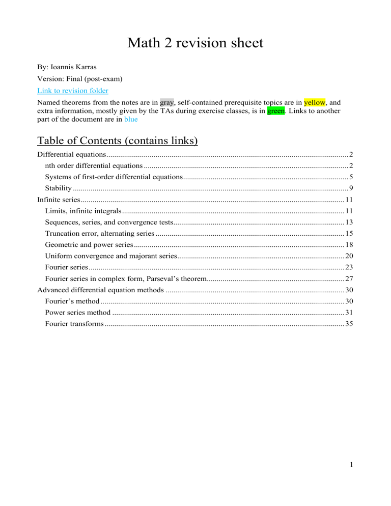 Math 2 Revision Sheet: Differential Equations, Series & Fourier Transforms