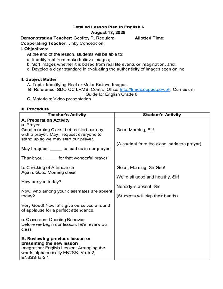 English 6 Lesson Plan: Identifying Real vs. Make-Believe Images