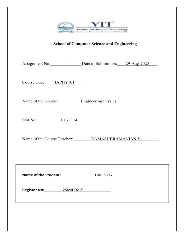 Engineering Physics Assignment Cover Page - VIT (2025)