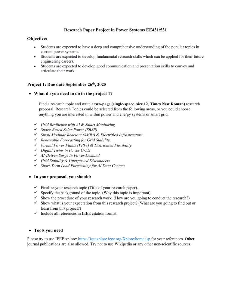 Power Systems Research Project Proposal: AI & Smart Grids