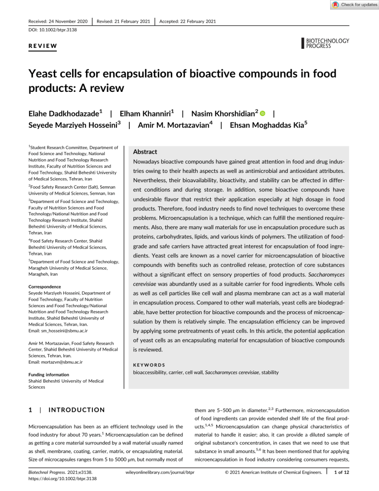Yeast Cell Encapsulation of Bioactive Compounds in Food: A Review