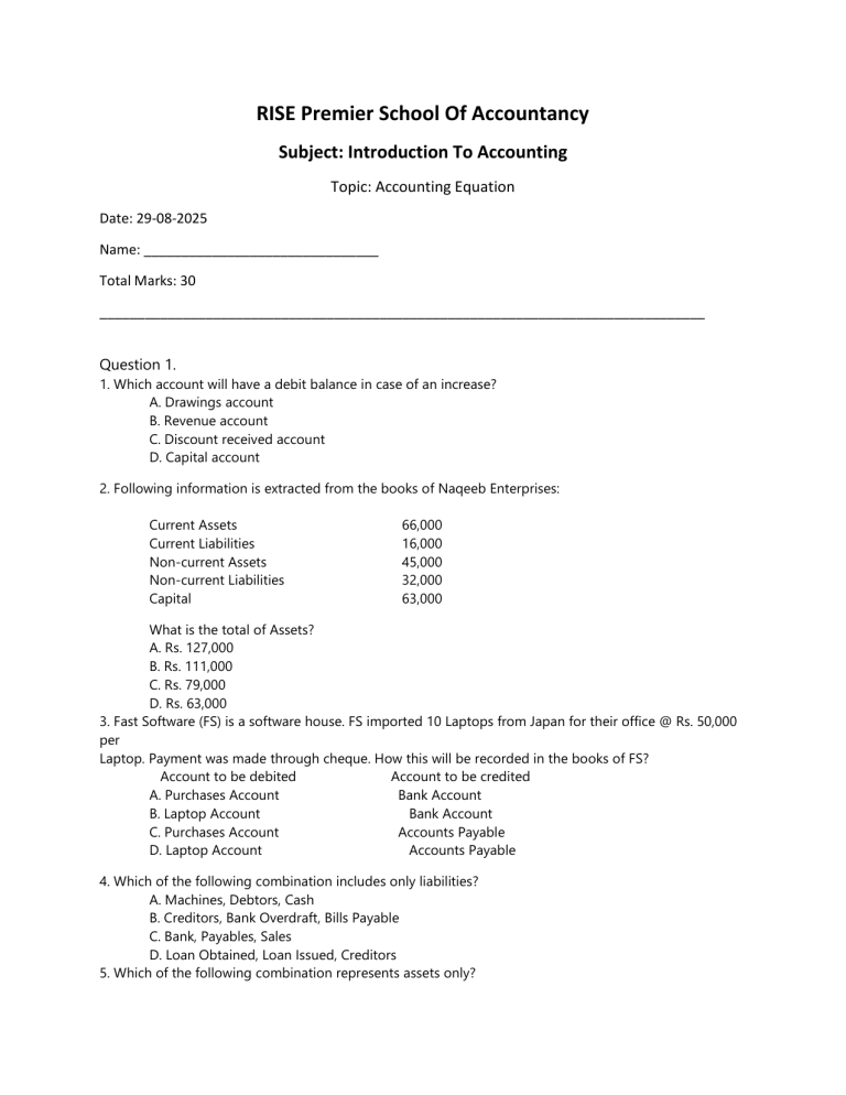 Accounting Equation Test: Introduction to Accounting Quiz