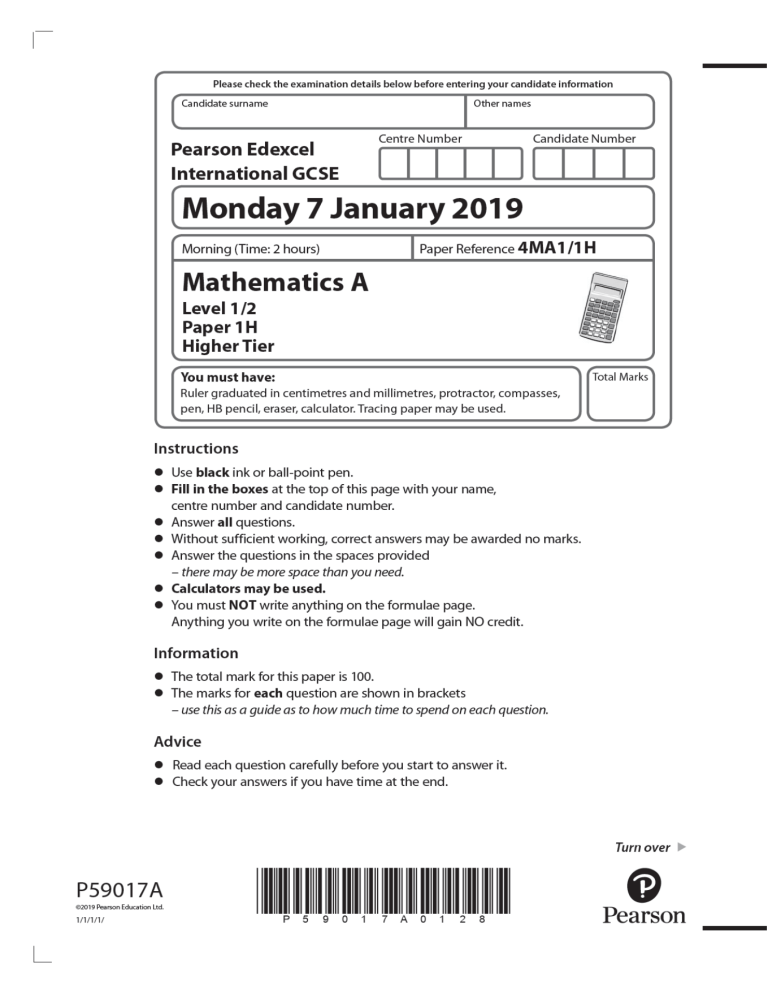 Pearson Edexcel International GCSE Maths A Paper 1H Higher Tier 2019