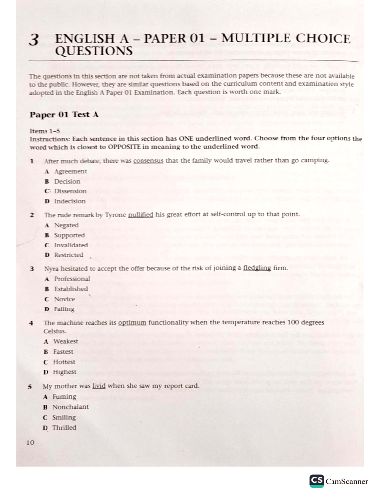 English A Paper 01: Multiple Choice Vocabulary Test Questions