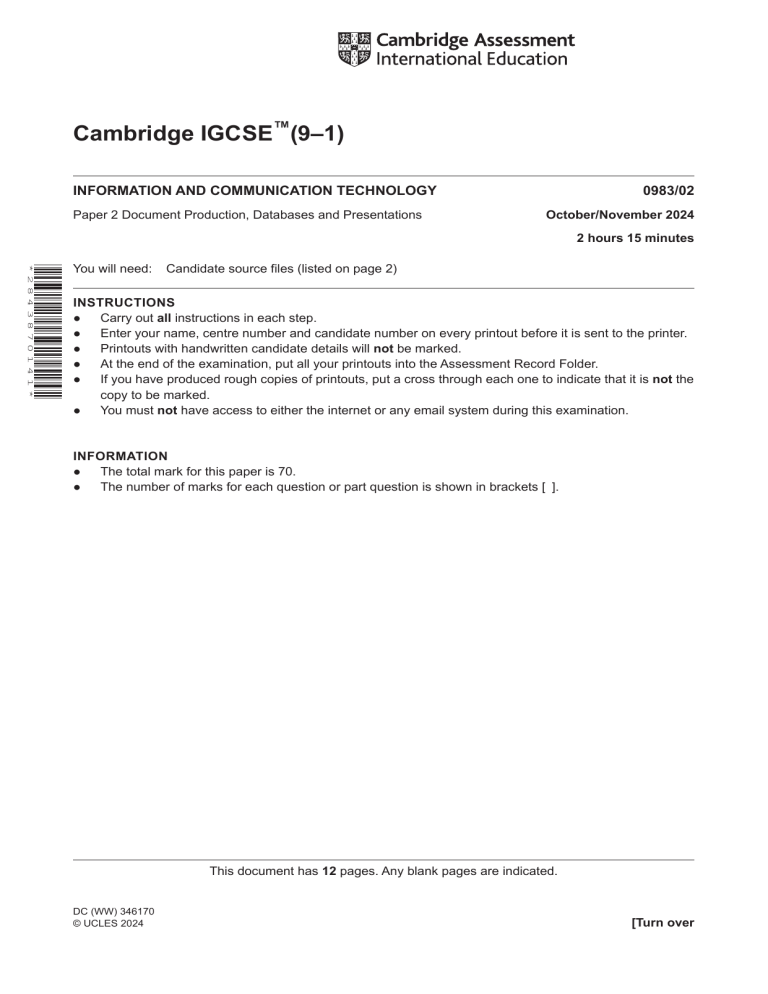 Cambridge IGCSE ICT Paper 2 Exam 2024 - Document, Database, Presentation