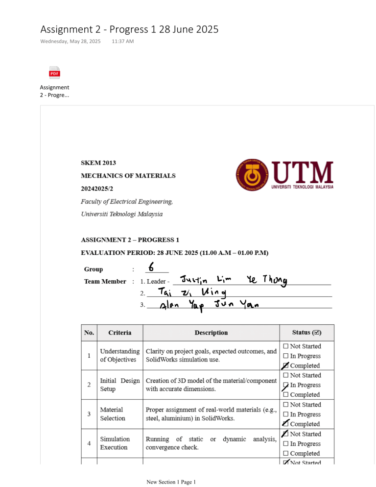 UTM Mechanics of Materials Assignment 2 Progress Report 2025