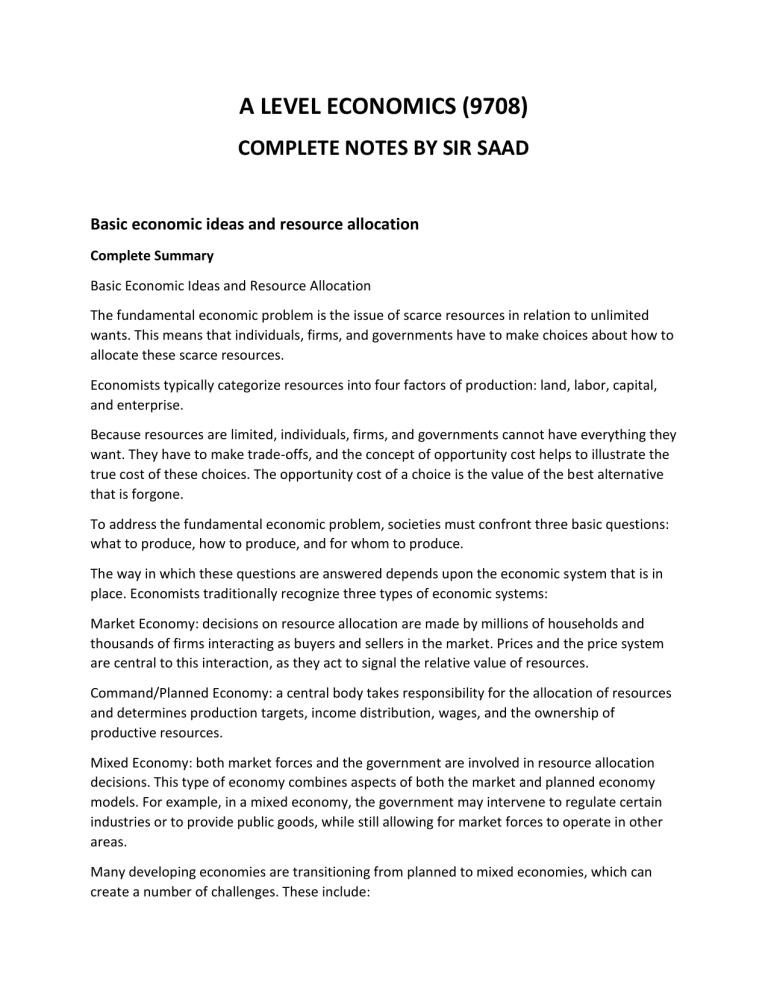 A Level Economics (9708) Notes: Basic Economic Ideas & Allocation