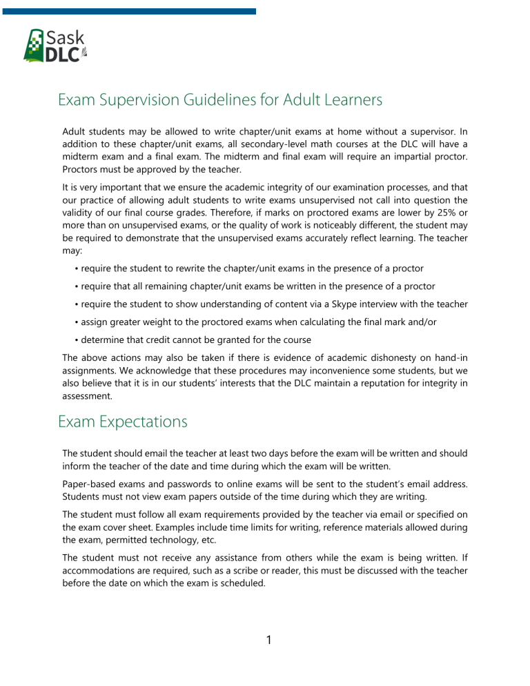 Sask DLC Exam Supervision Guidelines for Adult Learners | Academic ...