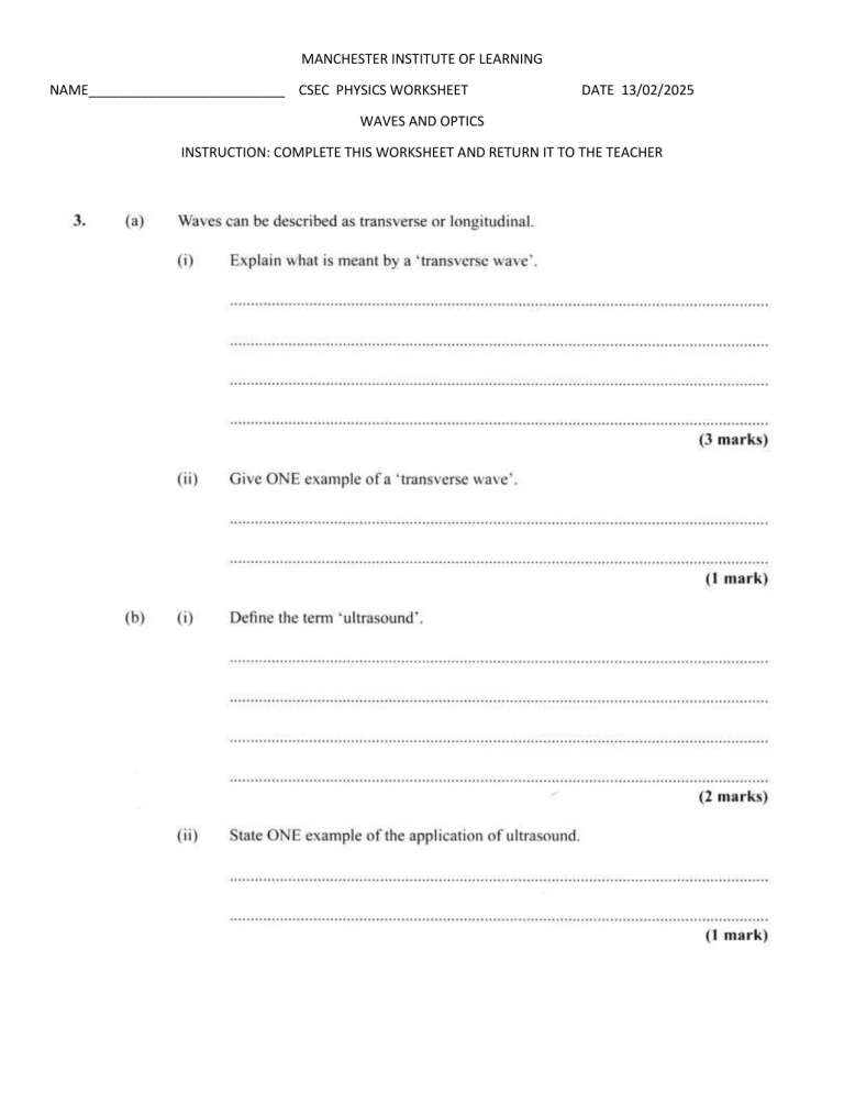 CSEC Physics Worksheet: Waves and Optics