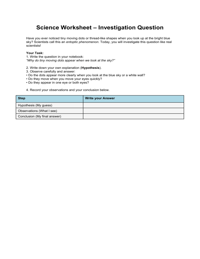 Science Worksheet: Entoptic Phenomenon Investigation