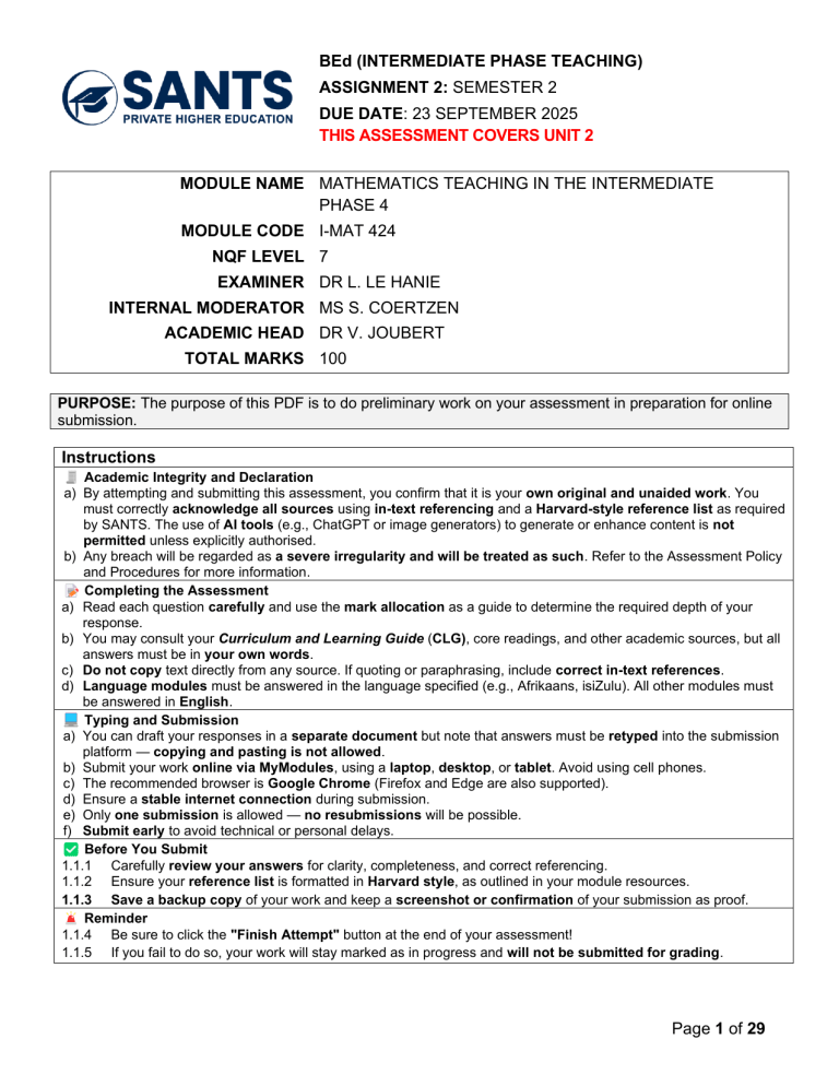 Math Teaching Assignment: Data Handling (Intermediate Phase)