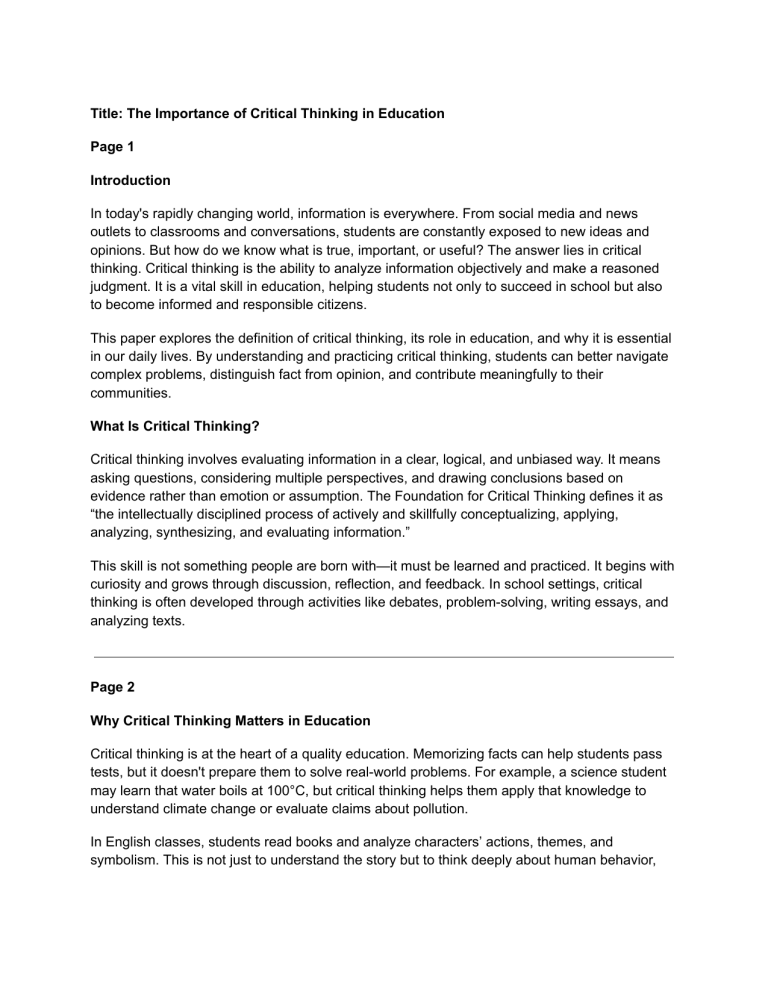 Critical Thinking in Education: Why It Matters