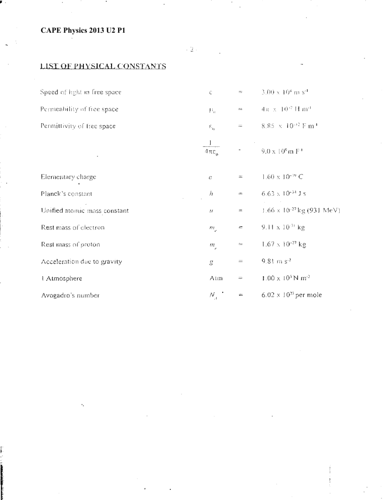 CAPE Physics U2 P1 2013: Exam Paper & Constants