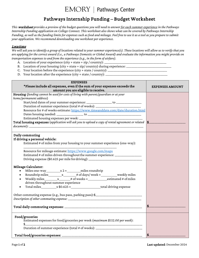 Emory Pathways Internship Funding Budget Worksheet