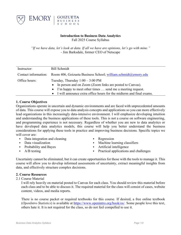 Business Data Analytics Course Syllabus - Fall 2025