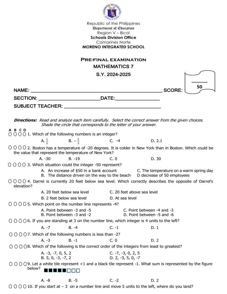 Mathematics 7 Pre-Final Exam: Integers & Expressions