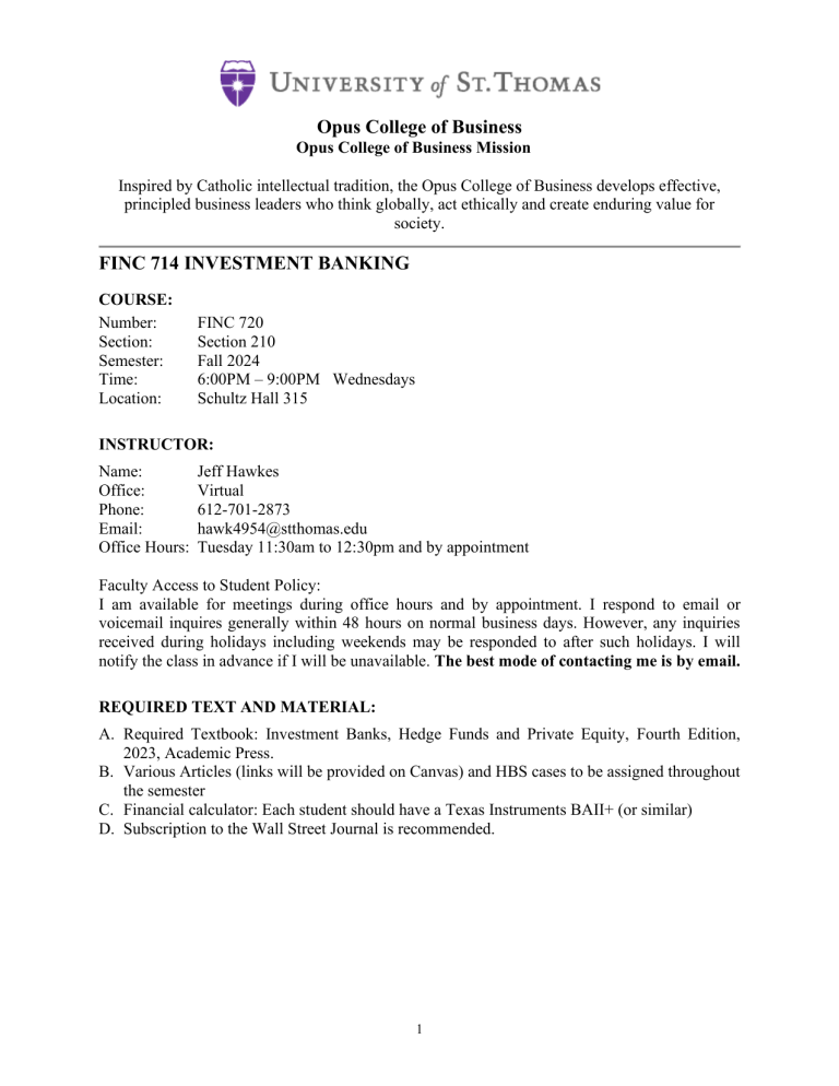 FINC 720 Investment Banking Syllabus - Fall 2024