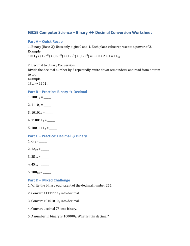 Binary Decimal Conversion Worksheet - IGCSE Computer Science