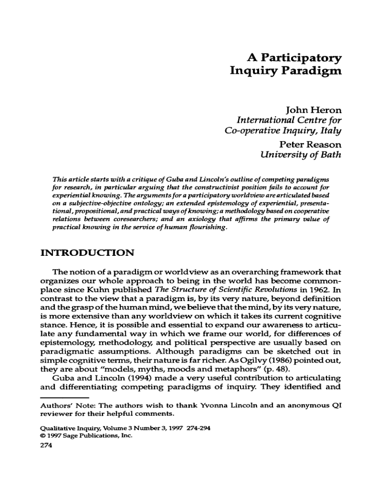 Participatory Inquiry Paradigm: Heron & Reason