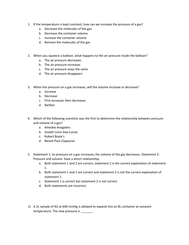 Gas Laws Worksheet: Pressure, Volume, and Boyle's Law