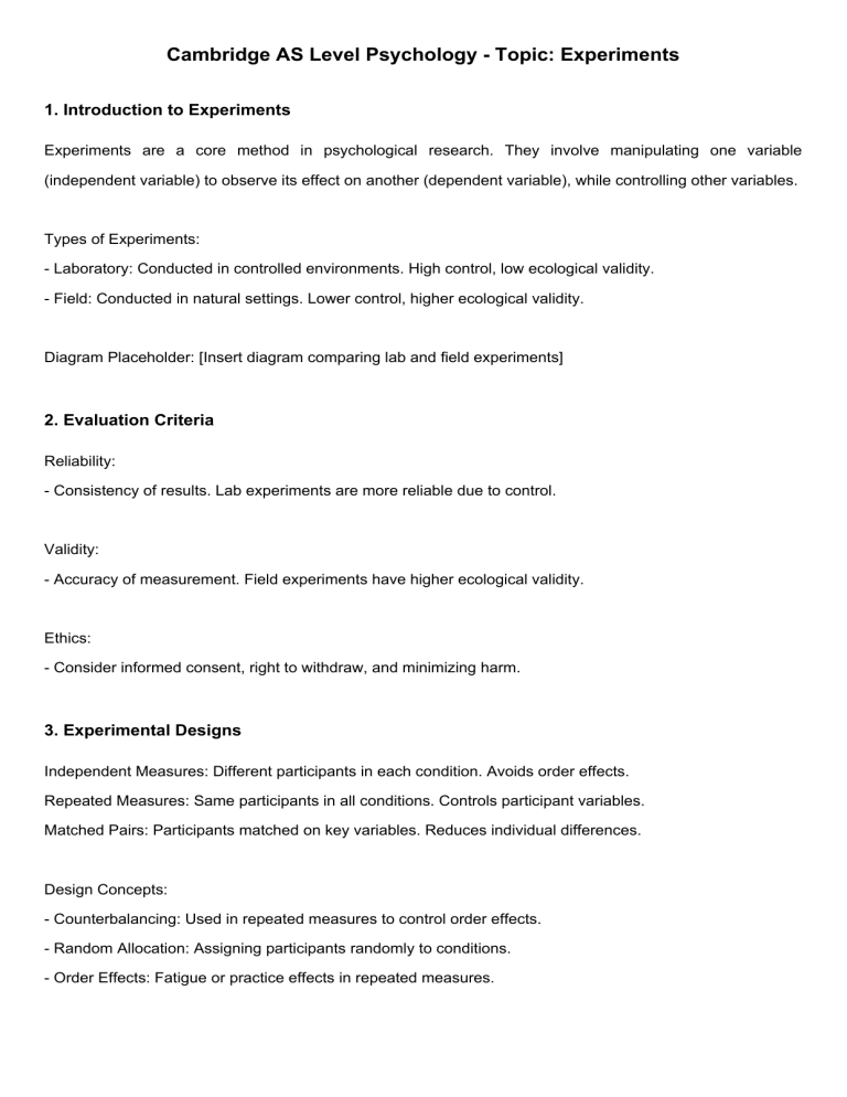 Cambridge AS Level Psychology: Experiments Study Guide & Design