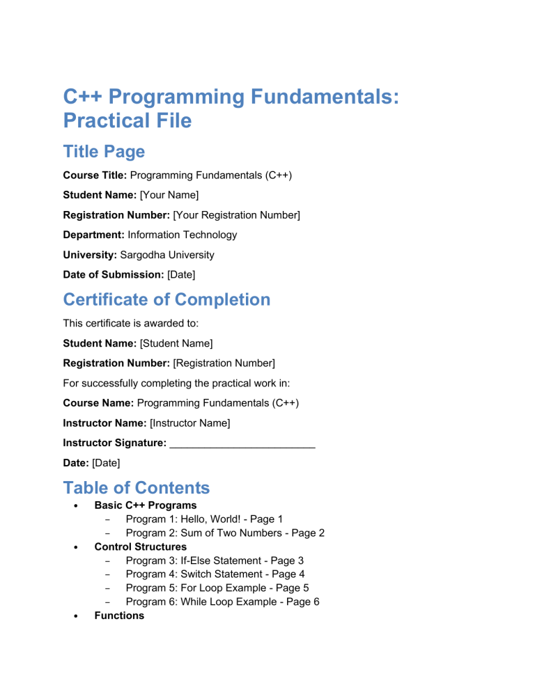 C++ Programming Fundamentals Practical File