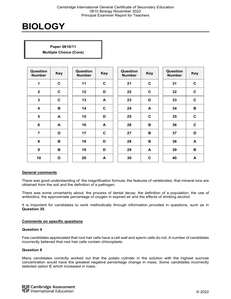 Cambridge IGCSE Biology 0610/11 Principal Examiner Report Nov 2022