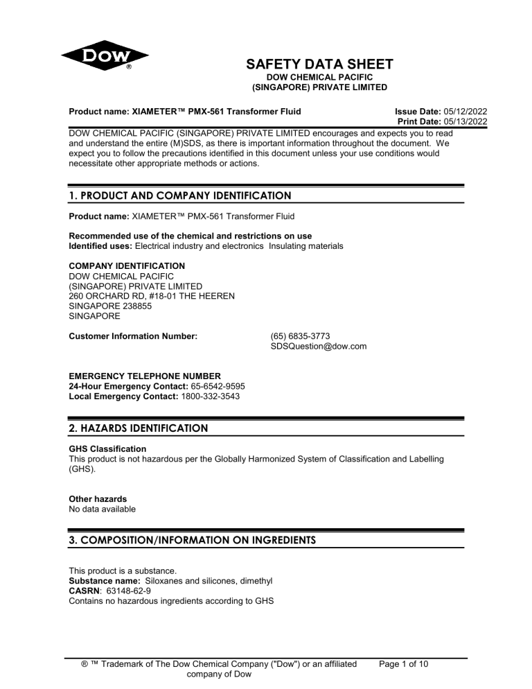 XIAMETER™ PMX-561 Transformer Fluid Safety Data Sheet (SDS)