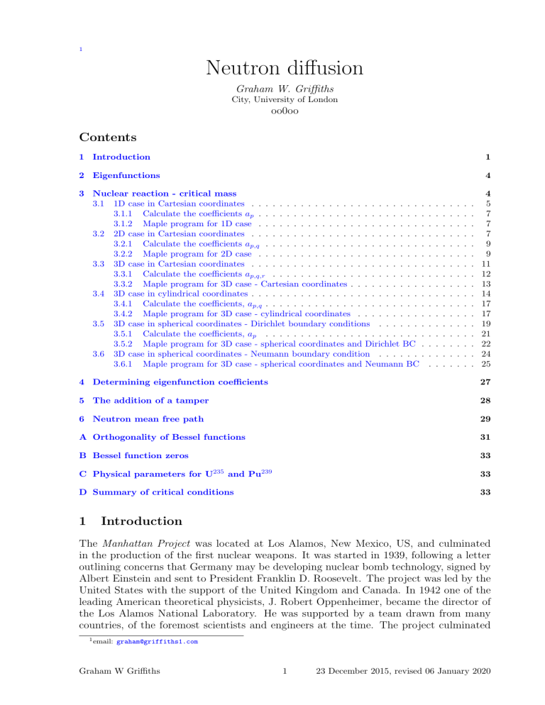 Neutron Diffusion & Critical Mass: Nuclear Reaction Calculations