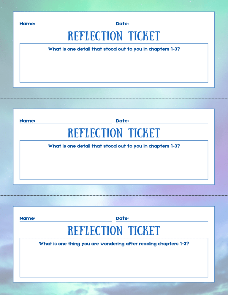 Reading Reflection Tickets for Chapters 1-3 | Comprehension Worksheet