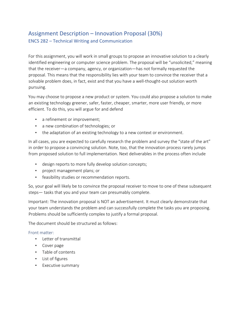 Innovation Proposal Assignment: Technical Writing & Communication ENCS 282