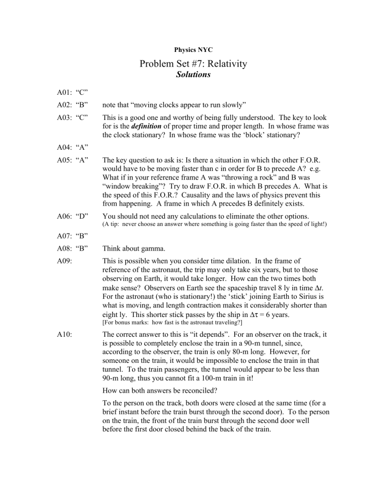 Physics NYC Problem Set 7: Relativity Solutions - Time Dilation, Mass ...