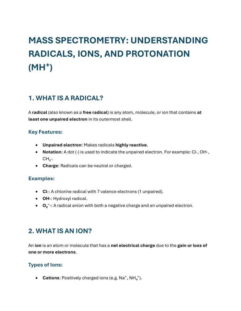 Mass Spectrometry: Radicals, Ions, and Protonation (MH⁺) Explained