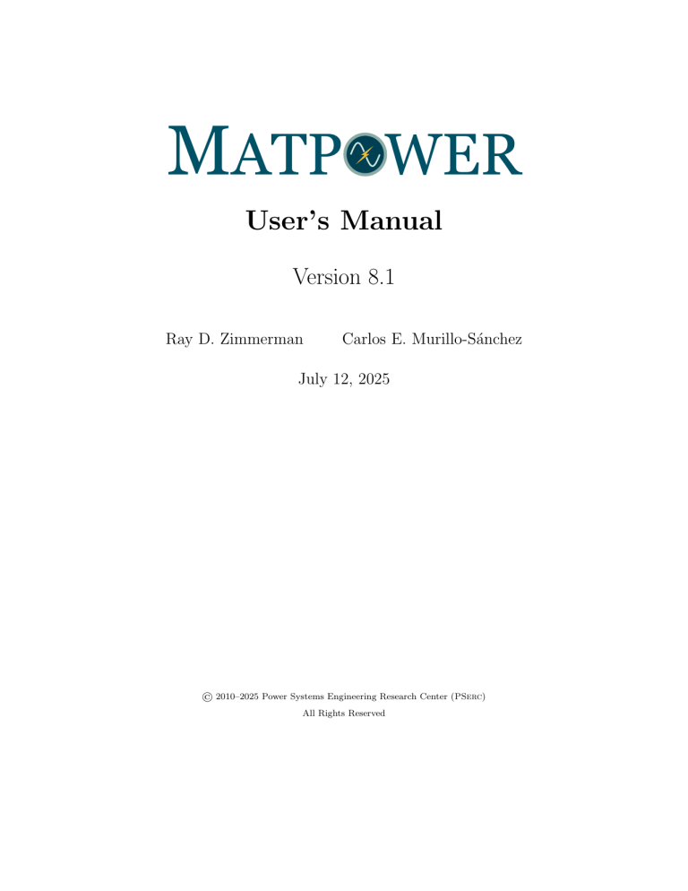 MATPOWER User's Manual: Power System Simulation