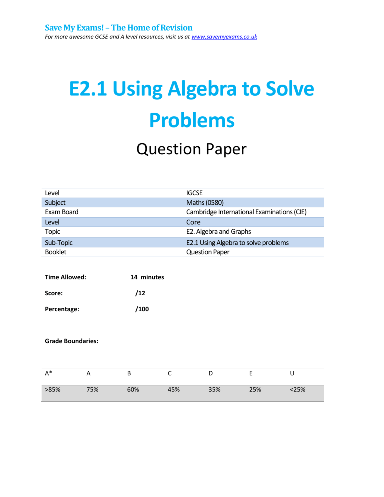IGCSE Maths: Algebra Problem Solving Question Paper