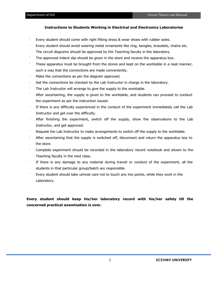 Circuit Theory Lab Manual - EEE Experiments & Safety