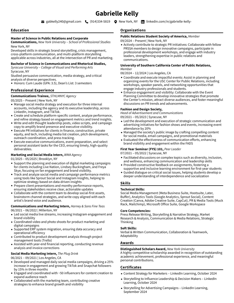 Gabrielle Kelly - Public Relations & Communications Resume
