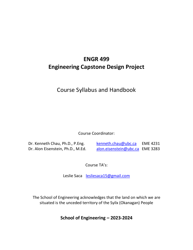 ENGR 499 Engineering Capstone Design Project Syllabus & Handbook UBC