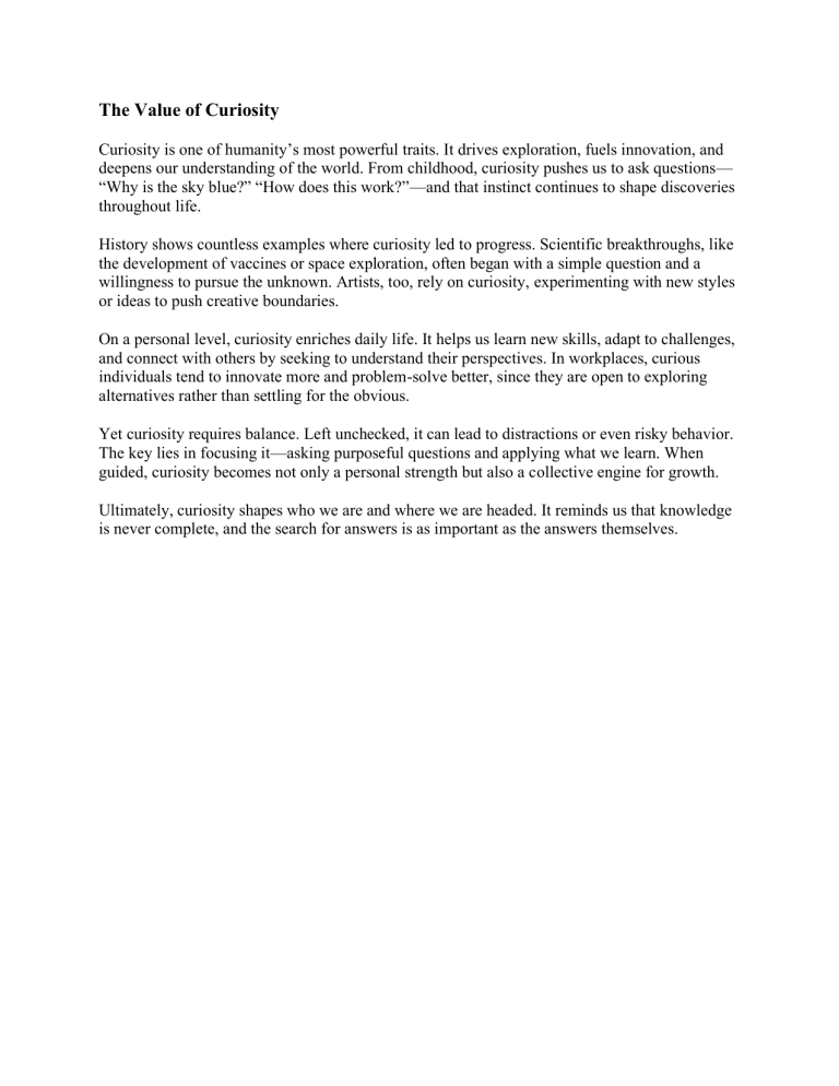 The Value of Curiosity: Exploration, Innovation & Personal Growth