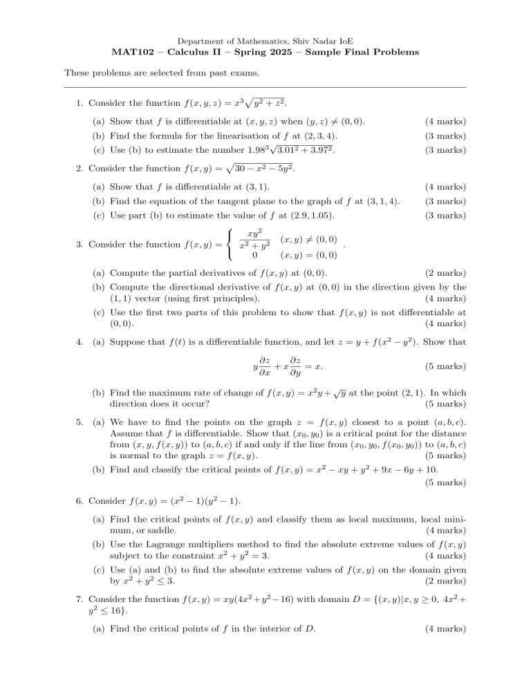 Calculus II Sample Final Problems - Shiv Nadar IoE